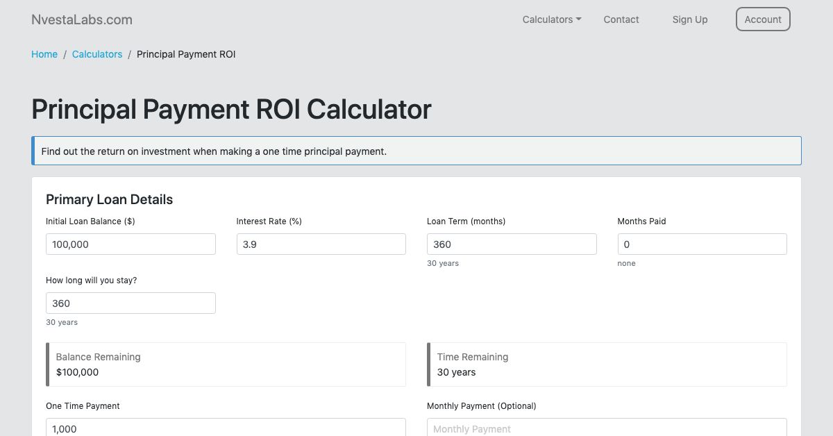 Principal Payment ROI Calculator | NvestaLabs.com